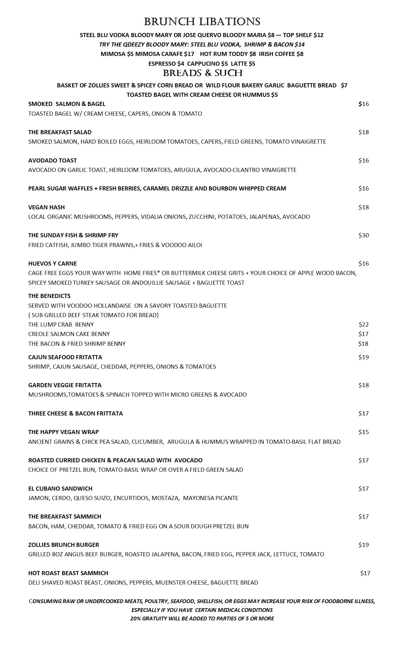 Menus – Zollies Jazz Cucina